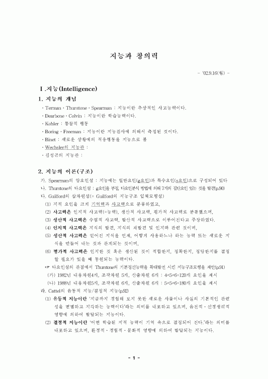 지능과 창의력 개념, 이론, 구성요인