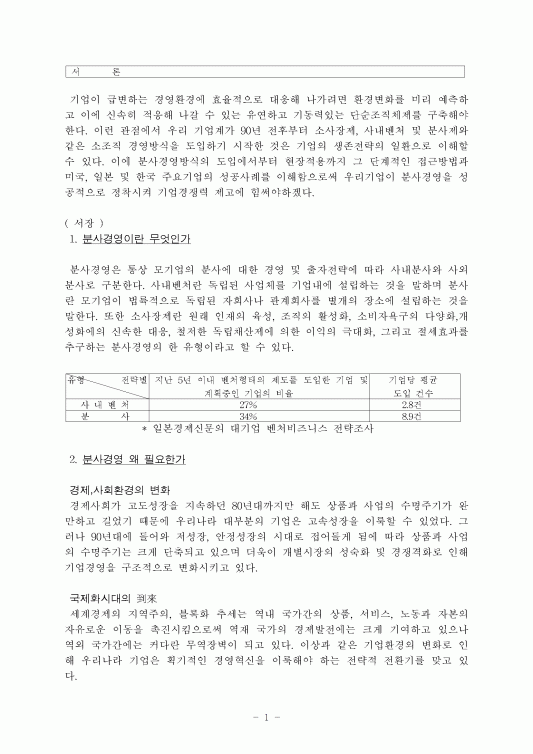 분사경영에 대한 고찰
