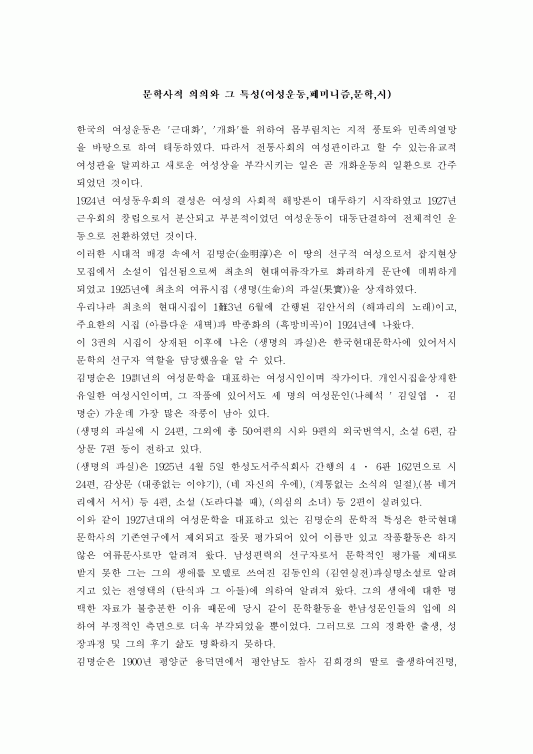 문학사적 의의와 그 특성(여성운동,페미니즘,문학,시)
