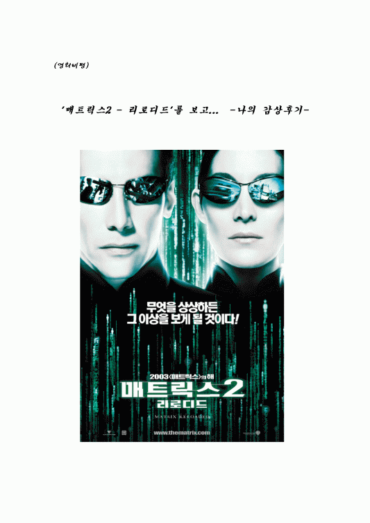 (영화비평) 매트릭스2 - 리로디드를 보고... -나의 감상후기-