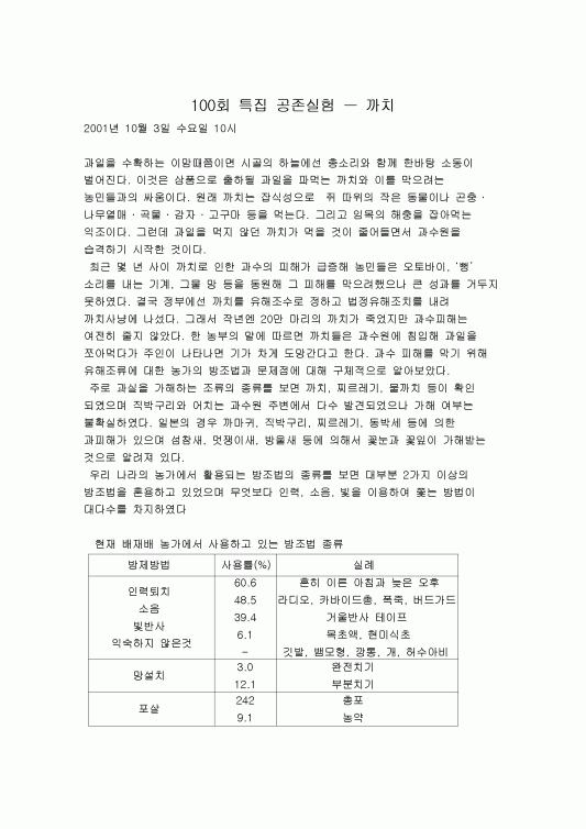 [인간과 자연<지리학의 이해>] 인간과 자연_레포트<공존실험-까치/환경스패셜 감상문>