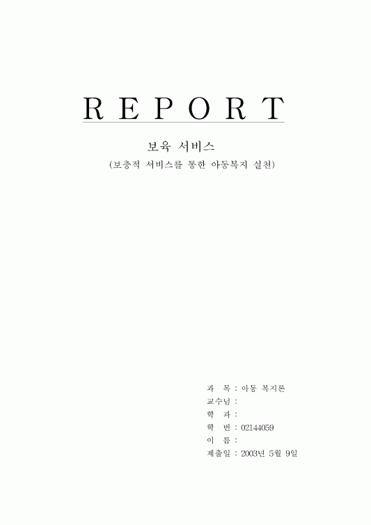 보육 서비스  (보충적 서비스를 통한 아동복지 실천)