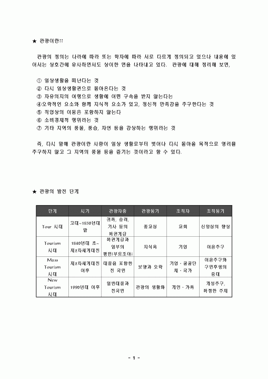 관광의 정의와 발전단계