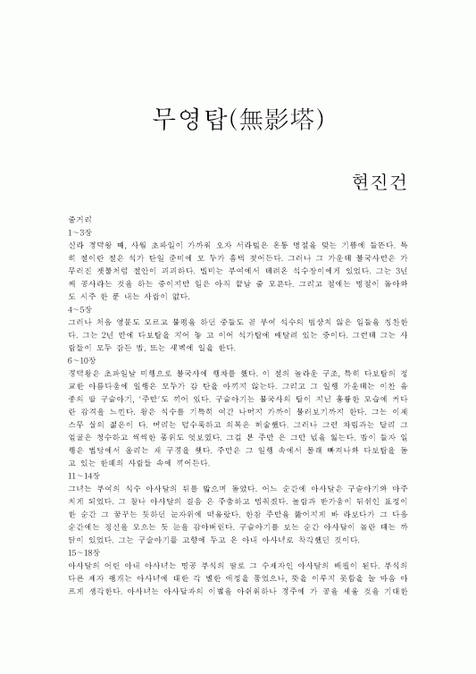 현진건의 `무영탑(無影塔)` 총평