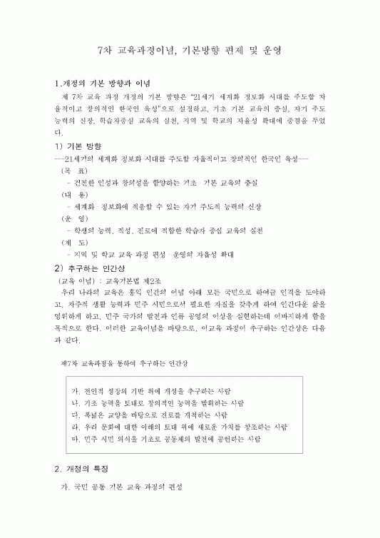 7차 교육과정 이념,기본방향 편제및 운영