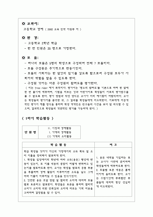 고등학교 경제 학습활동 계획