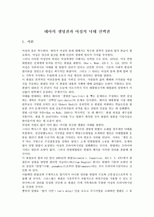 태아의 생명권과 여성의 낙태 선택권
