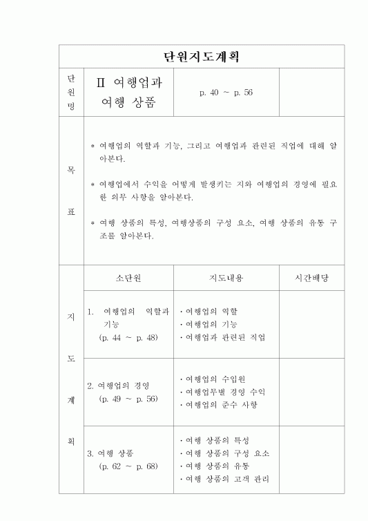 여행업과 여행상품 단원지도계획