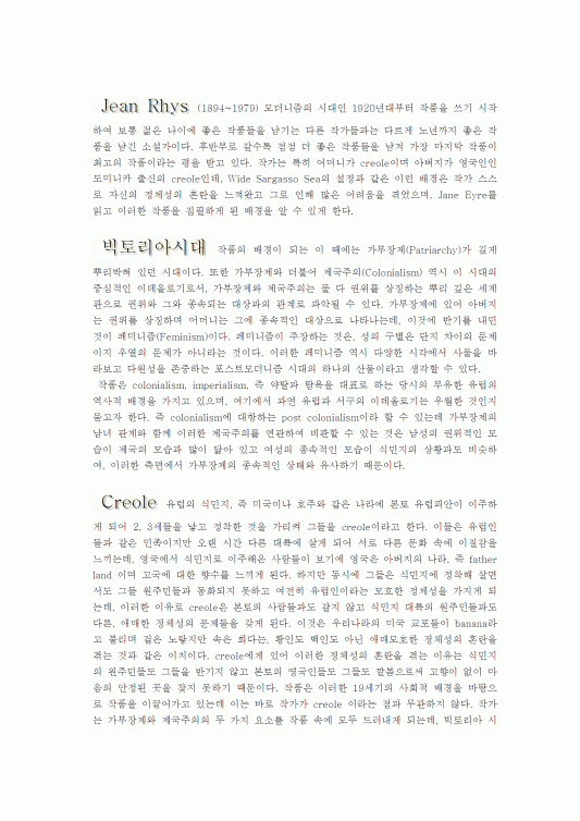 [서양문학비평] Wide Sargasso Sea - Jean Rhys 비평