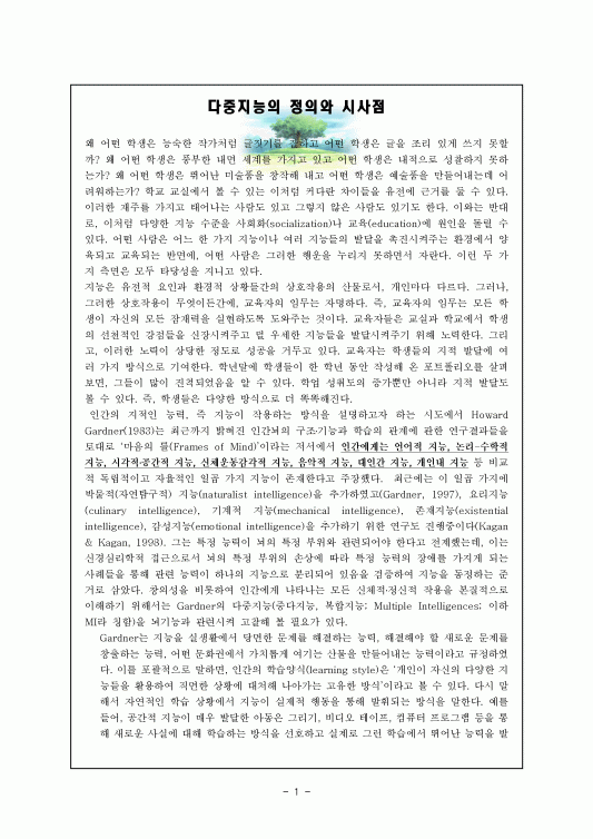 가드너의 다중지능의 정의와 시사점