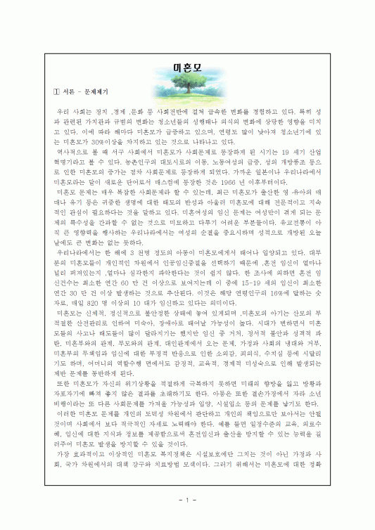 미혼모에 관한 문제점과 해결방안