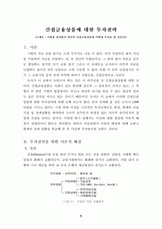 간접금융상품에 대한 투자전략(소제목 : 나에게 천만원이 있다면 간접금융상품에 어떻게 투자를 할 것인가?)