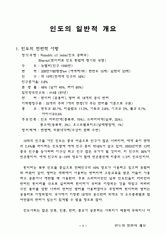 선교에 필요한 인도에 대한 자료 수집