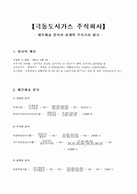 극동도시가스 재무제표 분석과 회계적 주식가치 평가
