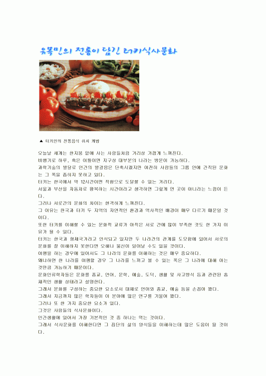 터키의 전통 음식 문화에 대하여 조사하시오