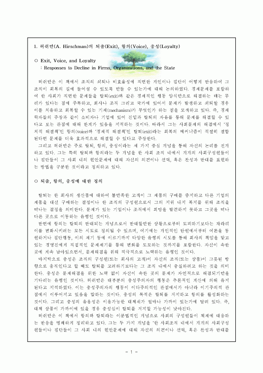 허쉬만(A. Hirschman)의 퇴출(Exit), 항의(Voice), 충성(Loyalty)