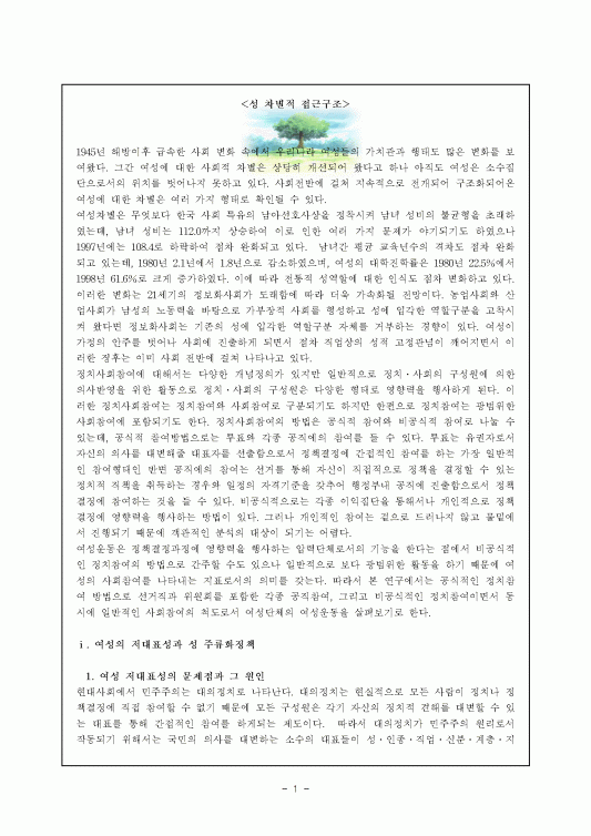 (한국민주주의의 실상과 한계) 여성의 정치참여의 저대표성과 여성운동