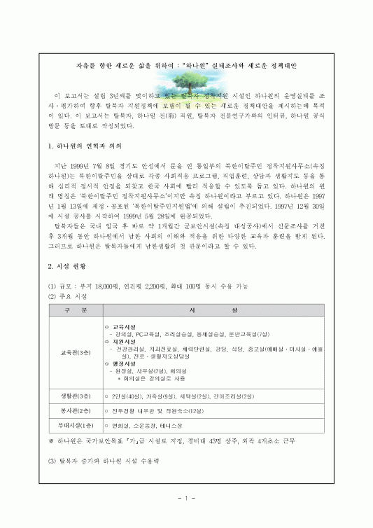 탈북자 정착지원시설 하나원의 실태와 새로운 정책대안에 관한 종합적 보고서