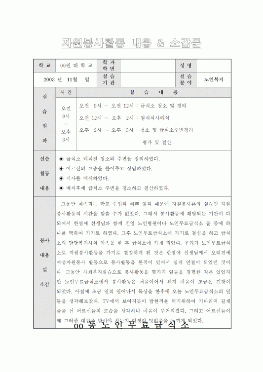 노인자원봉사 활동내용 및 실습일지, 소감문