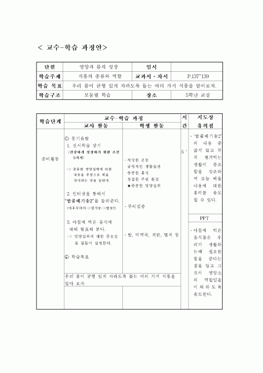 초등5학년<영양과 몸의 성장>의 교수-학습과정안