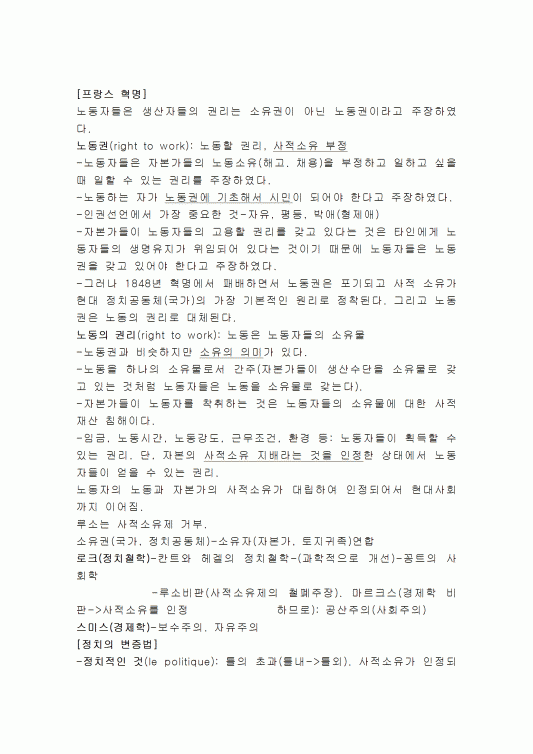 프랑스 혁명. 정치의 변증법. 그로티우스 정치철학. 로크 자유주의 사상. 스미스 경제학. 마르크스