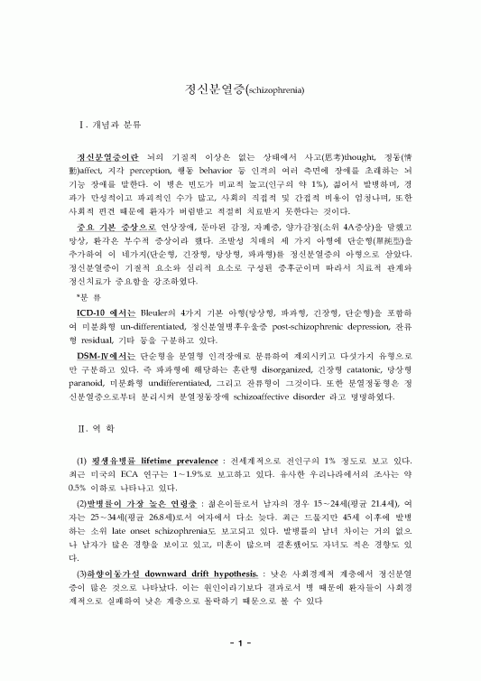 정신분열증 개념과 분류 역학 원인 임상양상 관련 레포트