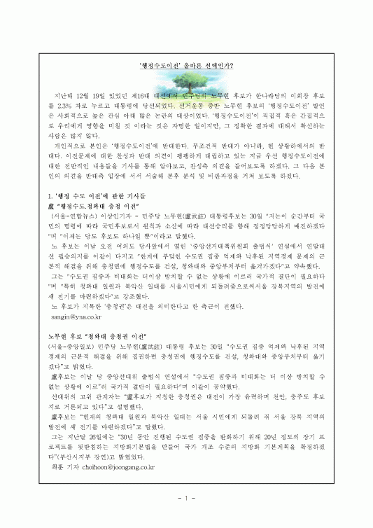 행정수도 이전 과연 올바른 선택인가에 관한 나의 의견 - 반대의 입장에서