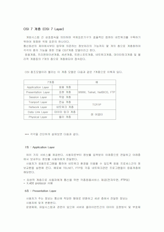 OSI 7 계층의 의미와 각 계층의 구분및 기능