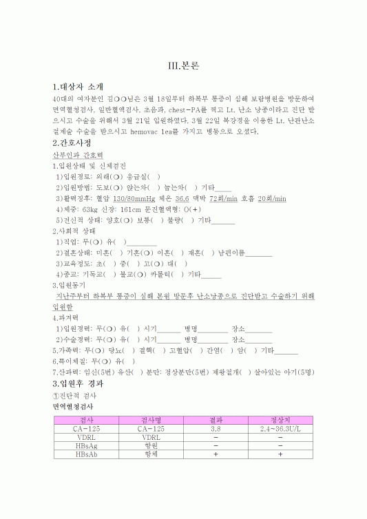 난소낭종 간호과정 (표로 정리)