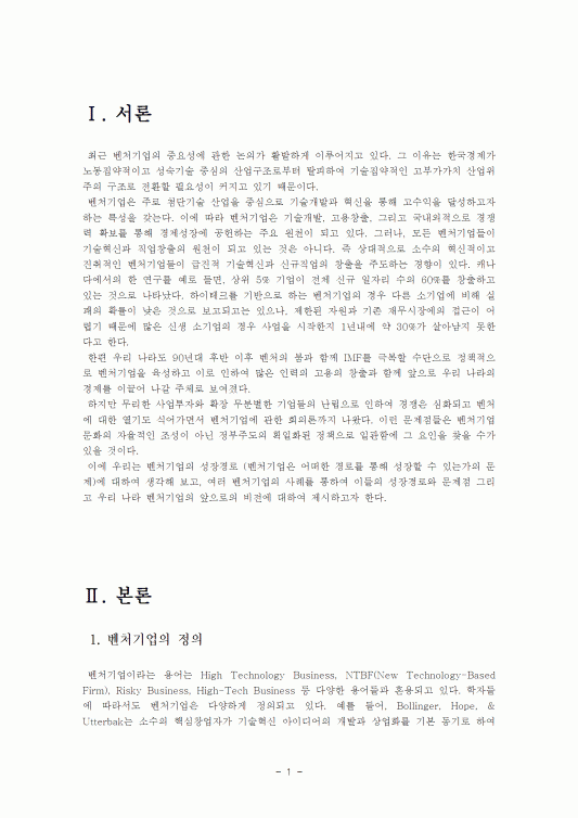 벤처기업(중소기업)의 성공요인 및 문제점과 해결방안에 대한 보고