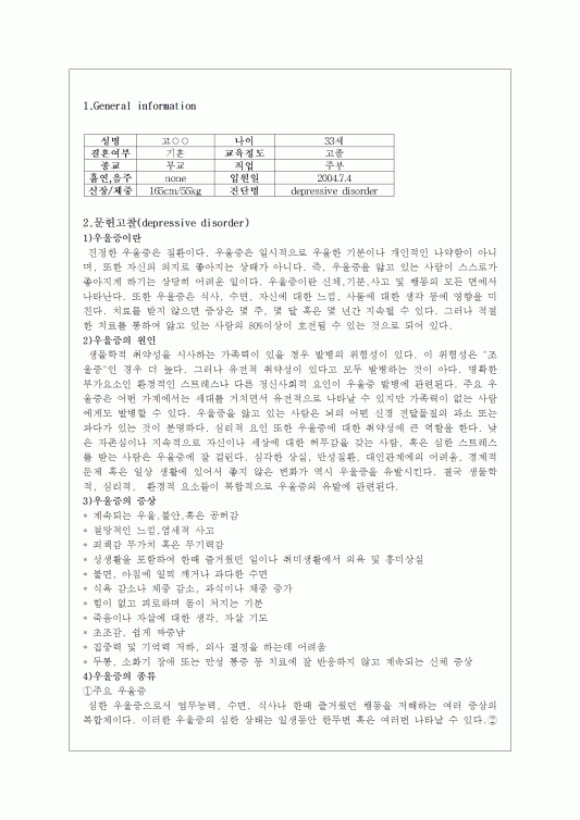 depressive disorder(우울장애)의 case study