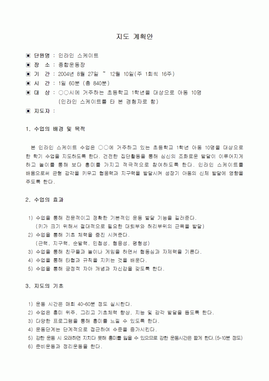 인라인 스케이트 지도 계획안