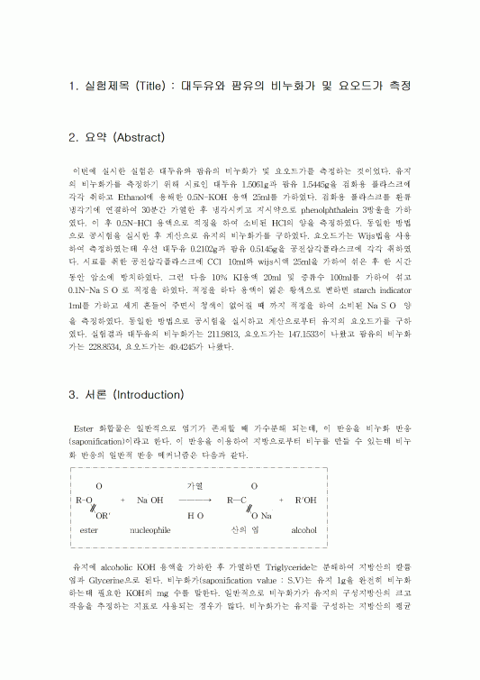 대두유와 팜유의 비누화가 및 요오드가 측정