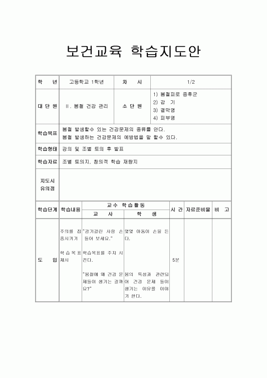 학교 보건 - 교육 프로그램 작성 - 계절 건강관리[봄]