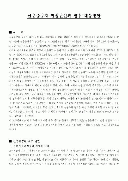 신용불량자 발생원인과 향후 대응방안