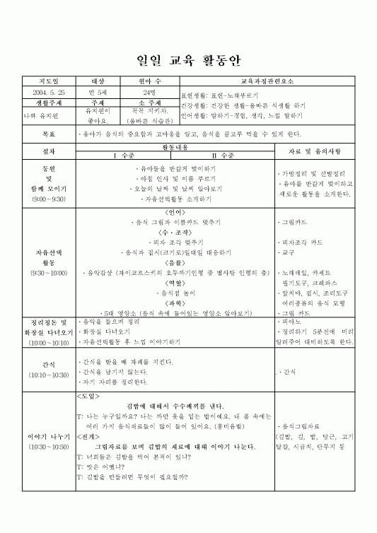 (편식에 관련된) 생활지도 일일교육계획안+활동안 TC