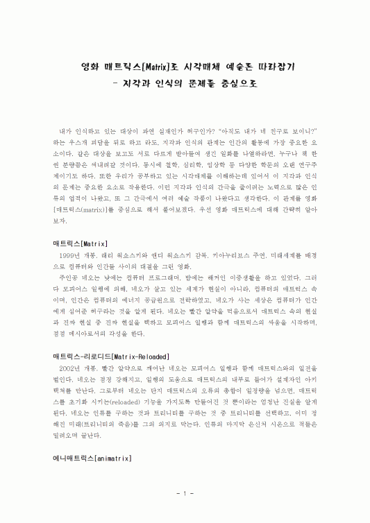 영화 매트릭스[Matrix]로 시각매체예술론따라잡기-지각과 인식의 문제를 중심으로
