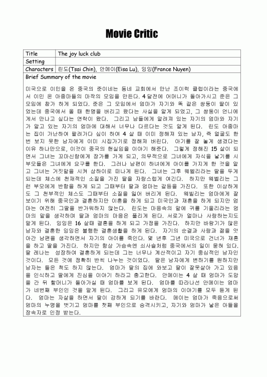 영화감상문(4편,The joy luck club,Far and Away,Dangerous Minds,Nell)