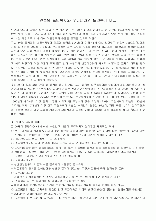 일본의 노인복지와 우리나라의 노인복지 비교.
