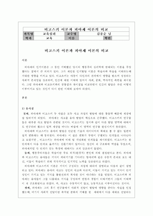비고스키 이론과 피아제 이론의 비교 (행동주의 이론, 정보처리 이론)