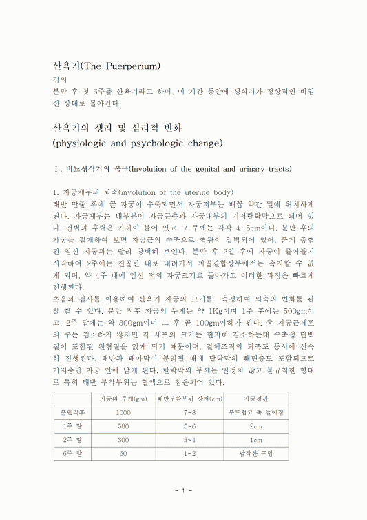 산욕기(The Puerperium) 산욕기의 생리 및 심리적 변화