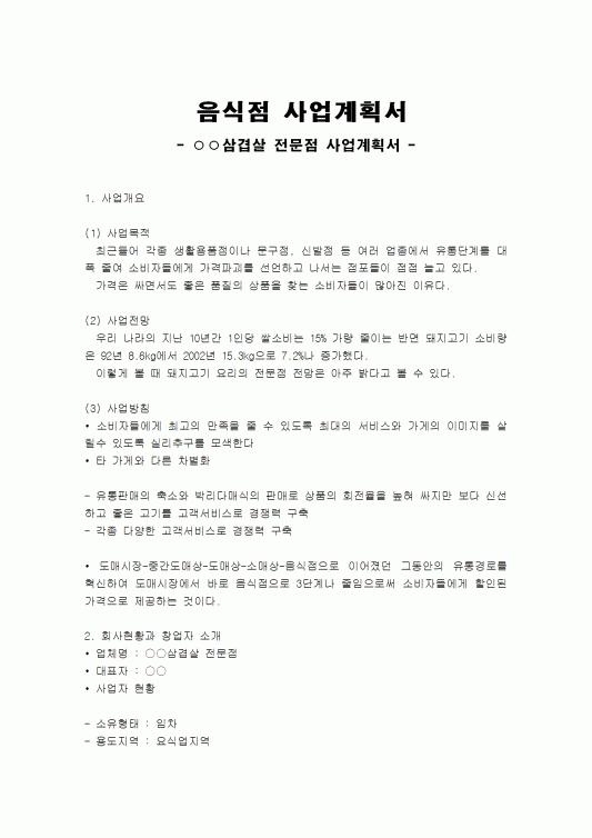 음식점 사업계획서