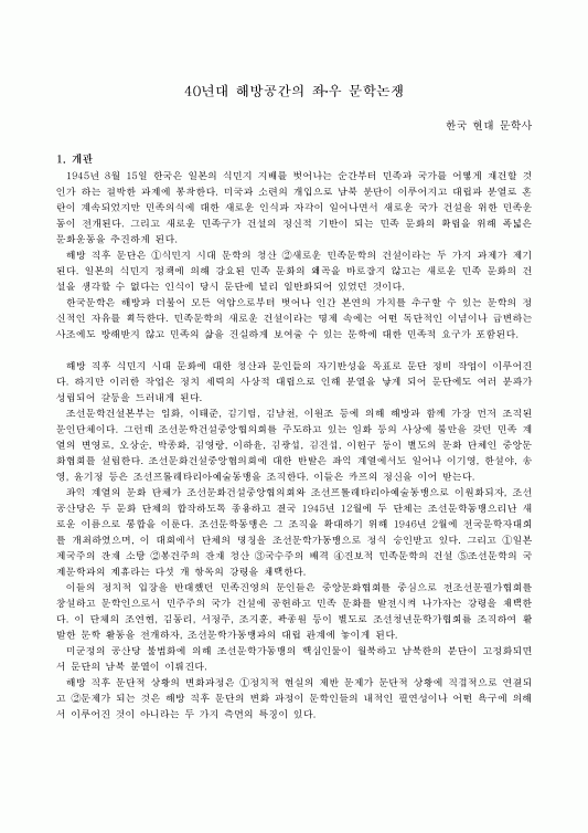 한국 현대 문학사 (40년대 해방공간의 좌우논쟁)