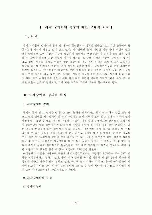 시각 장애아의 특성에 따른 교육적 조치