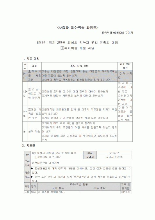 초등학교 사회 수업 지도안 -흥선대원군의 개혁정책