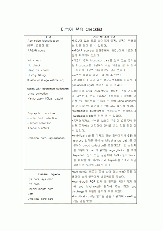 미숙아 실습 checklist