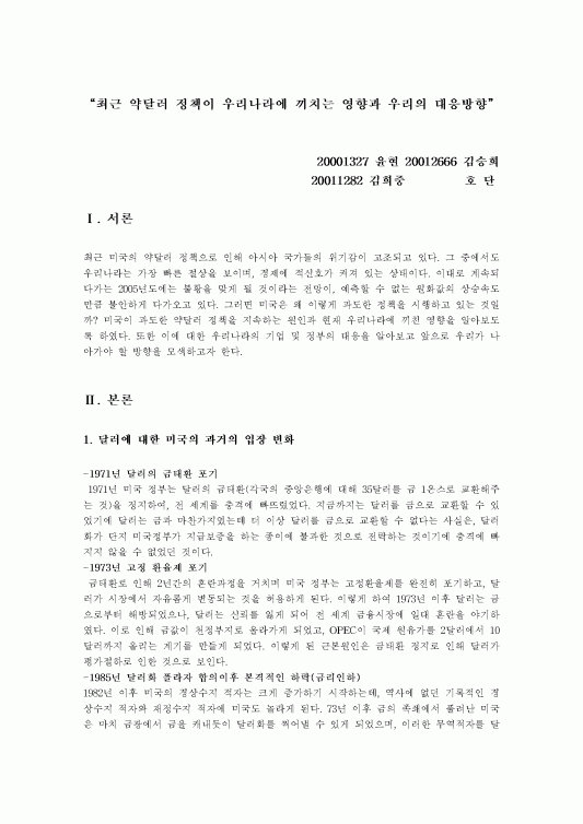 미약달러 정책이 우리나라에 끼친 영향과 대응