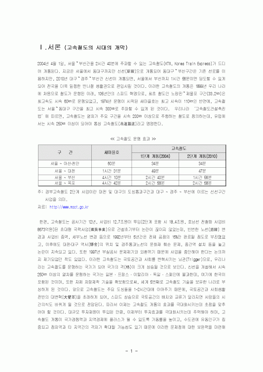 고속철도(KTX)가 사회전반에 미치는 경제적 영향