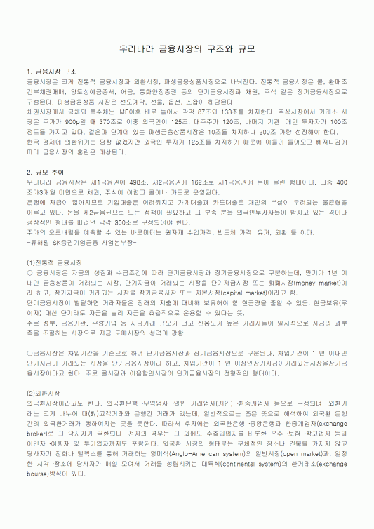 우리나라의 금융시장의 구조와 규모