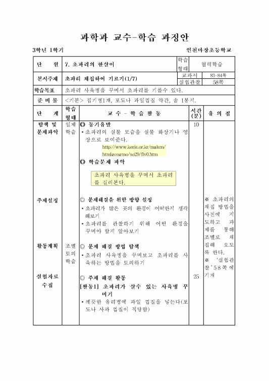 과학과 교수-학습 과정안(초파리 채집하여 기르기)